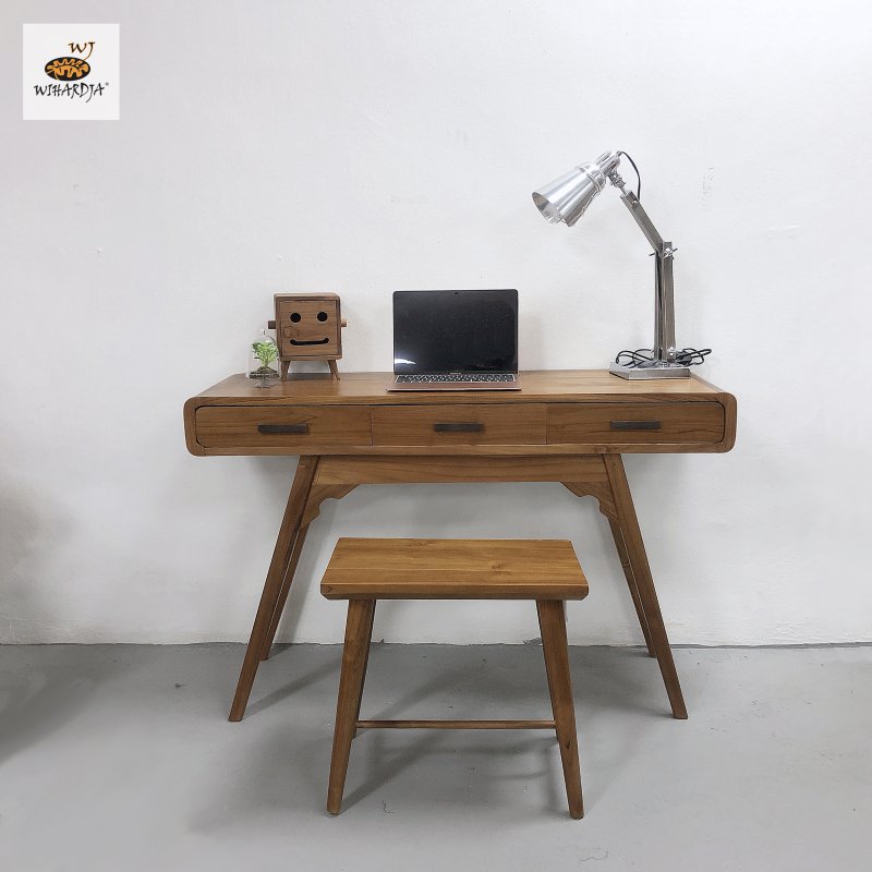 teak minimalist study table with rose gold macbook air for home office ...